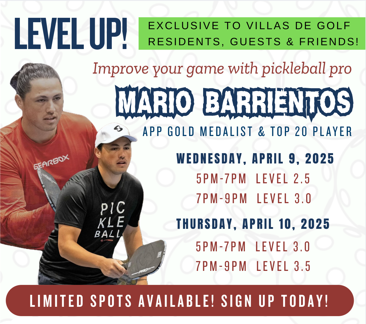 Classes with Mario Barrientos @ VDG – Dorado Pickleball
